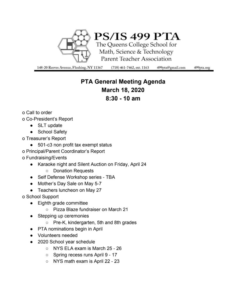 PTA Meeting - March 18, 2020 • PS/IS 499 PTA