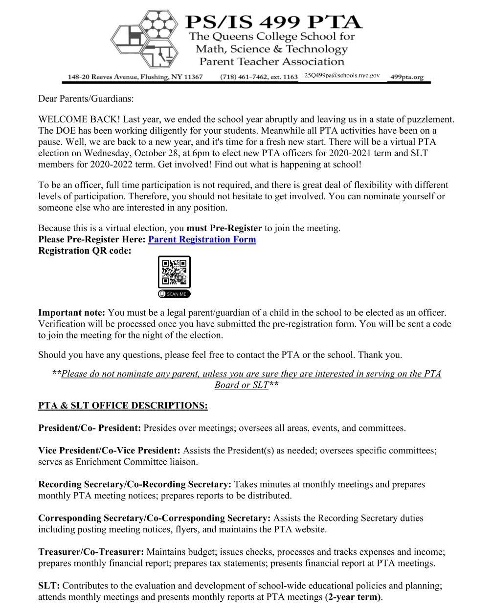 PTA Elections - October 28, 2020 • PS/IS 499 PTA