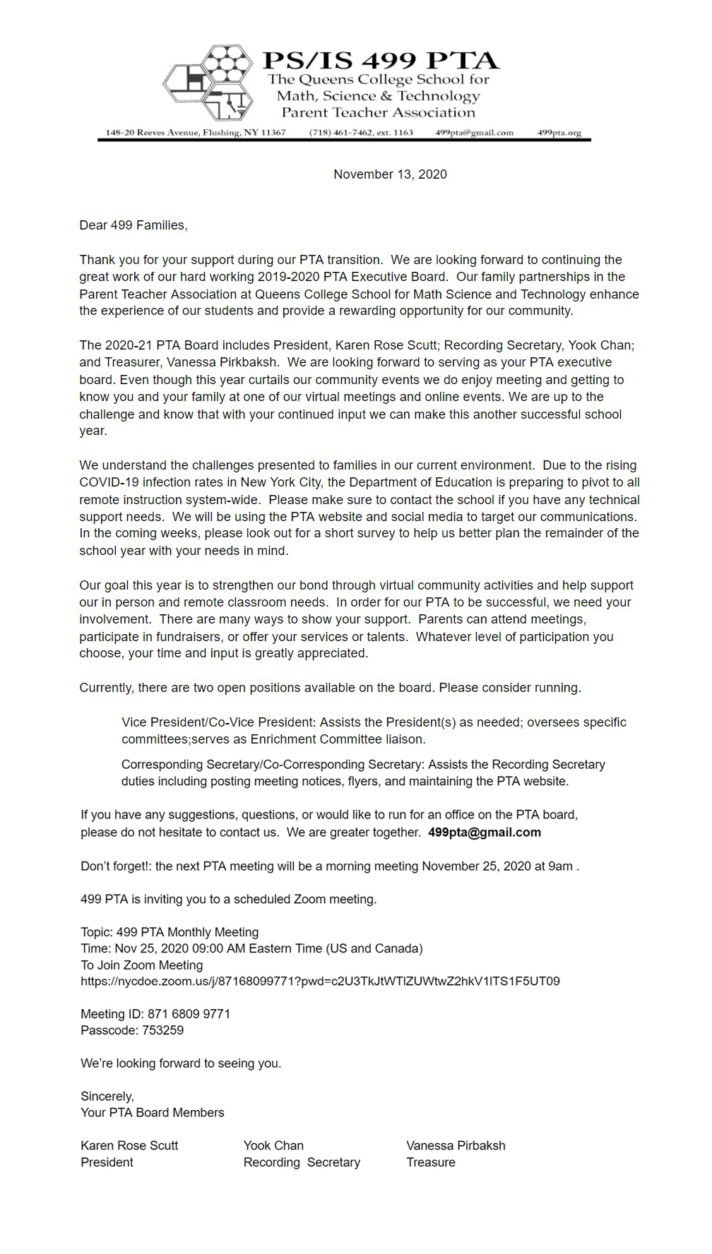 PTA letter to 499 Families • PS/IS 499 PTA